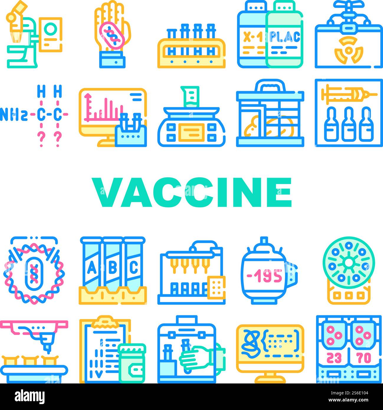 Vaccine Production Collection Icons Set Vector. Electronic Microscope ...
