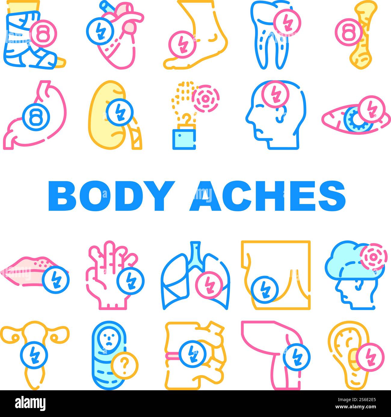Body Aches Problem Collection Icons Set Vector. Heart And Teeth, Bone ...
