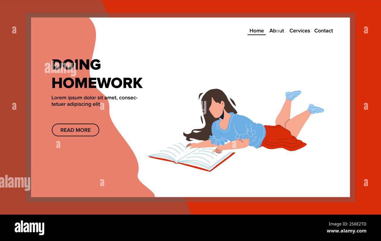 Doing Homework And Reading Literature Girl Vector. Pupil Child Lying On ...