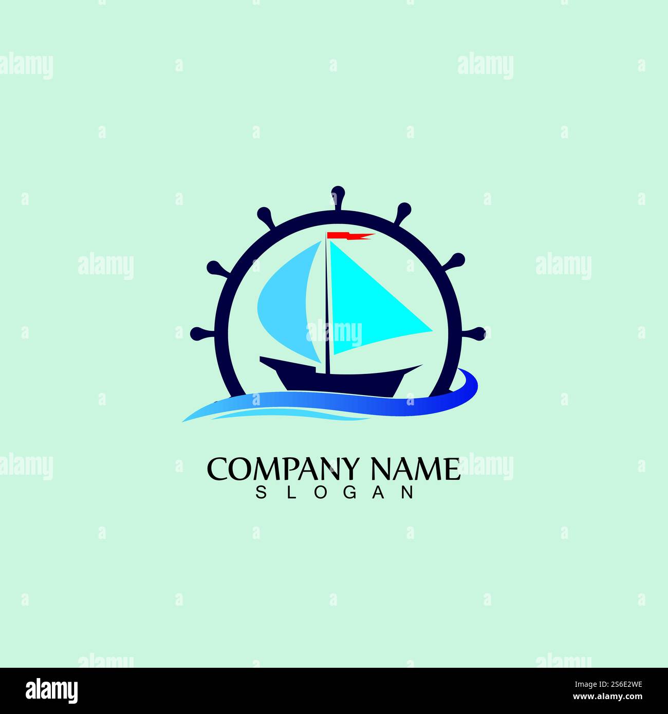 Ship and Boat Helm Steering Wheel on The Wave Water Ocean Logo Symbol ...