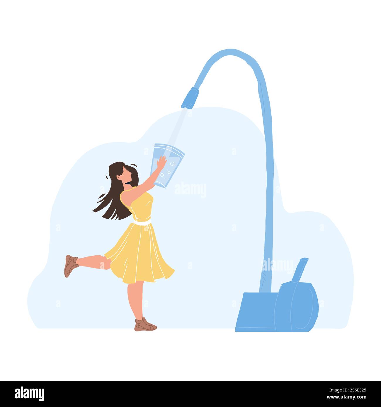 Water Filter Faucet Pouring In Glass Girl Vector. Young Woman Holding ...