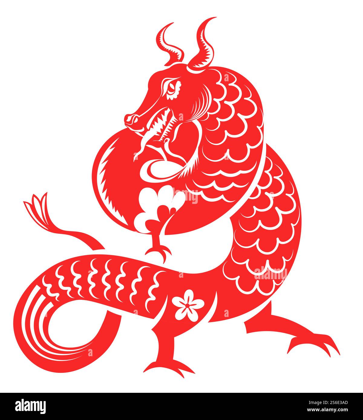 Horned dragon decorated with flowers and bloom. Isolated Oriental ...