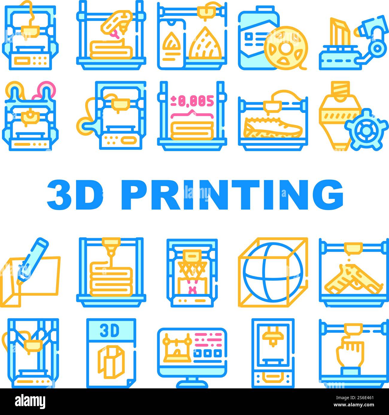 3d Printing Equipment Collection Icons Set Vector. 3d Printing Device ...