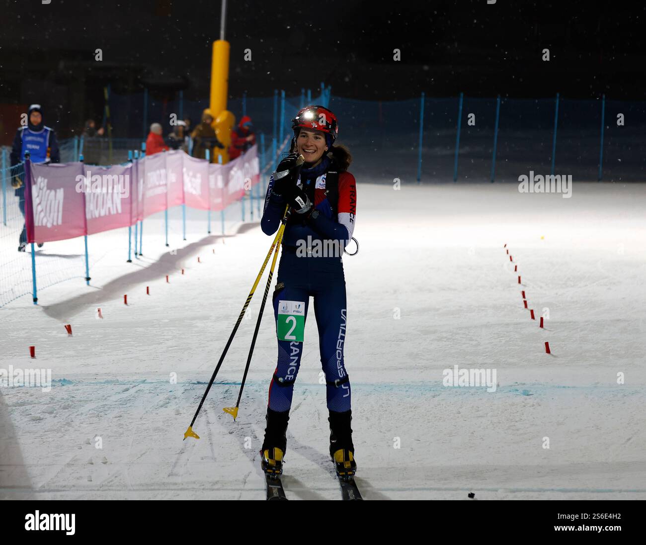 Sestriere, Italy. 16th Jan, 2025. Margot Ravinel of France celebrates ...