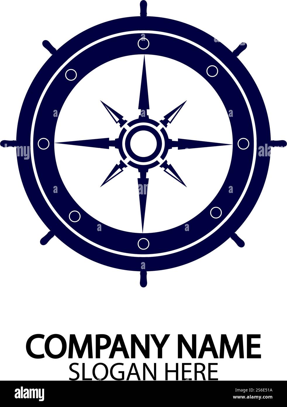 Ship steering wheel and conpass rose navigation symbol or logo isolated ...