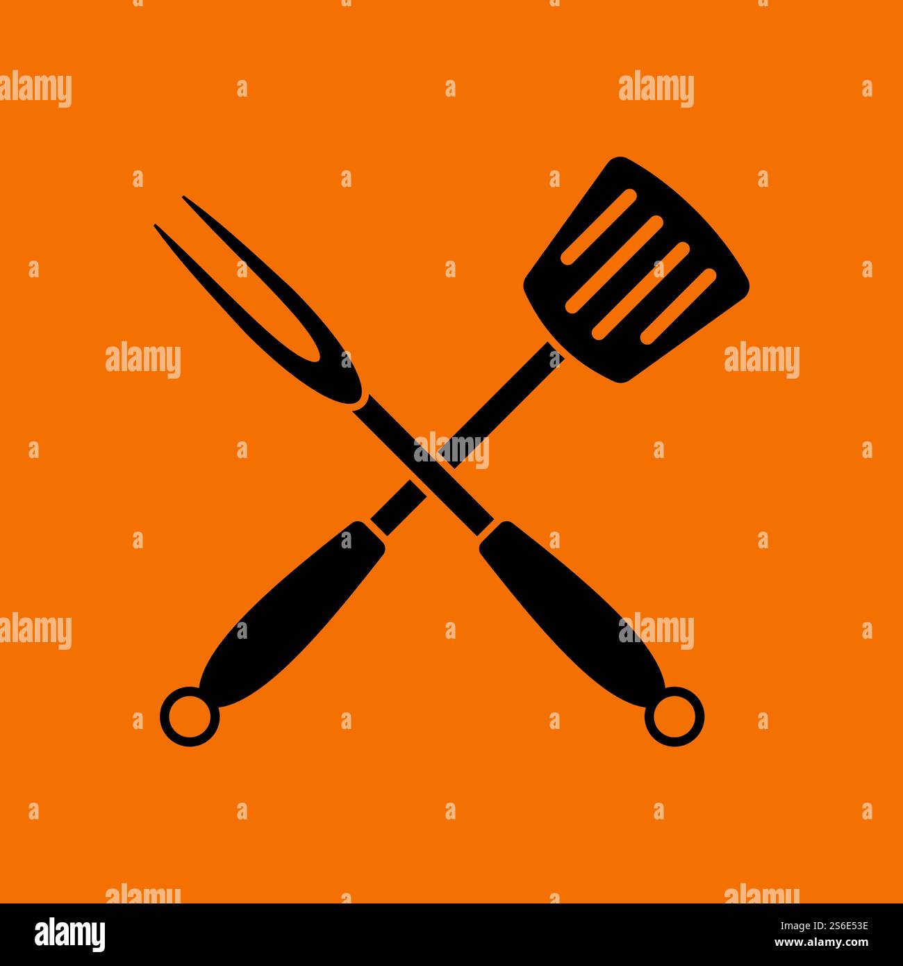 Crossed Frying Spatula And Fork Icon. Black on Orange Background ...
