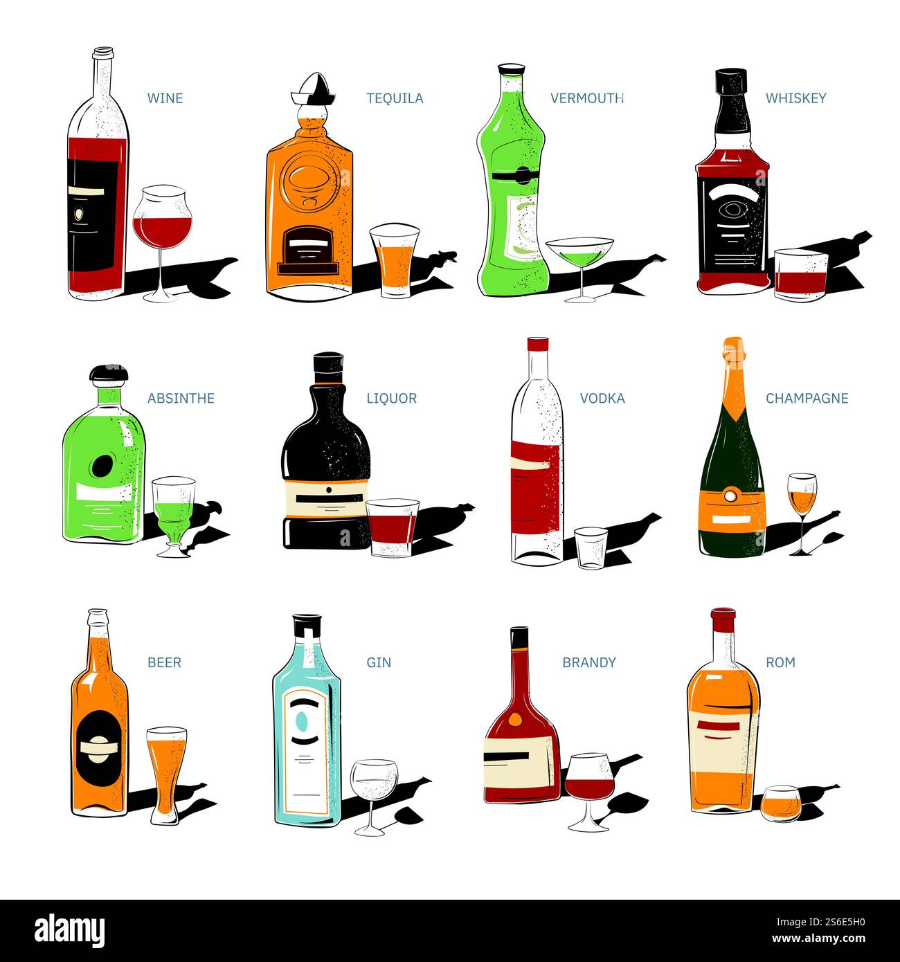Bottles with alcoholic beverages with labels, isolated containers with ...