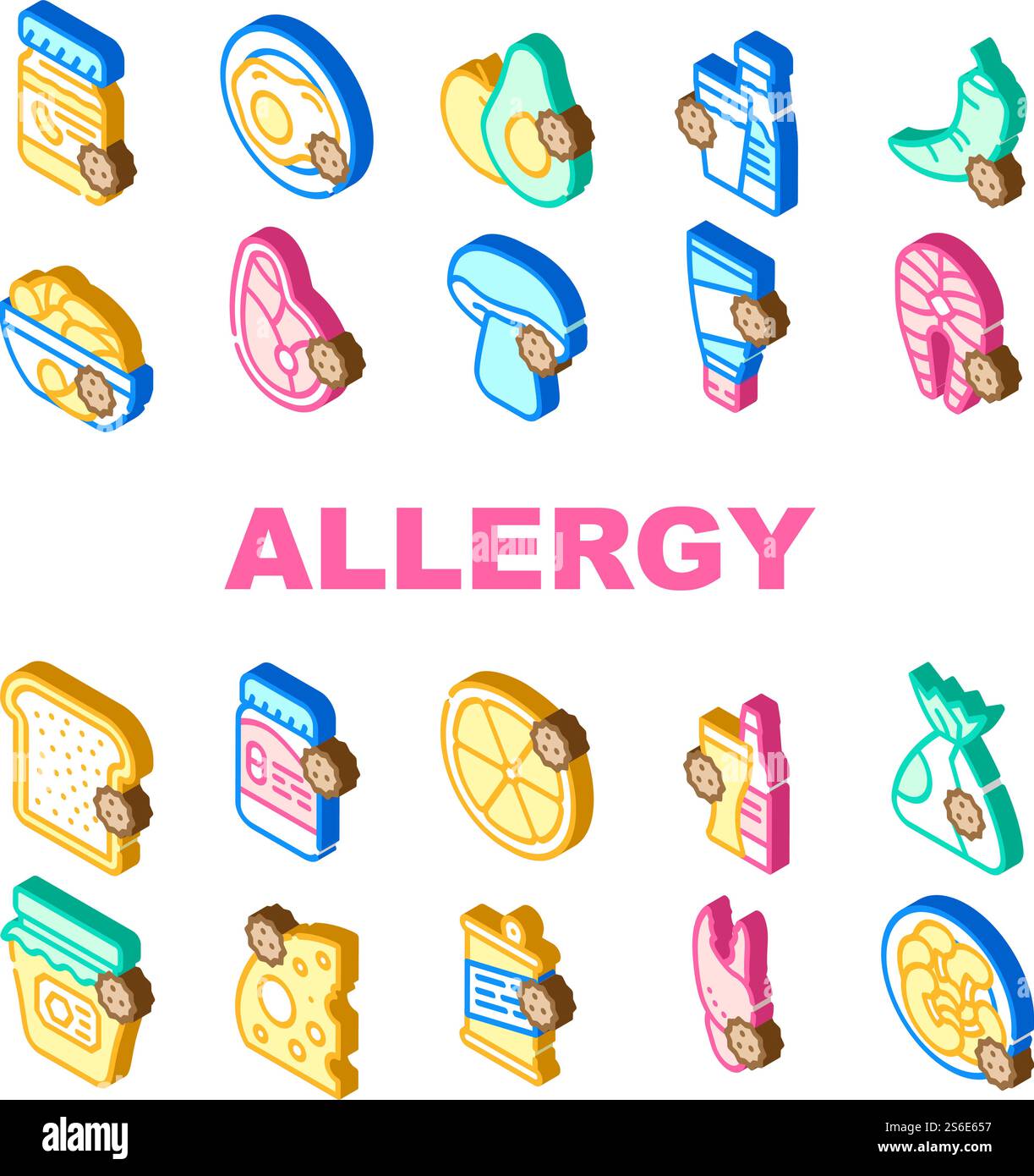 Allergy On Products Collection Icons Set Vector. Allergy On Medicaments ...