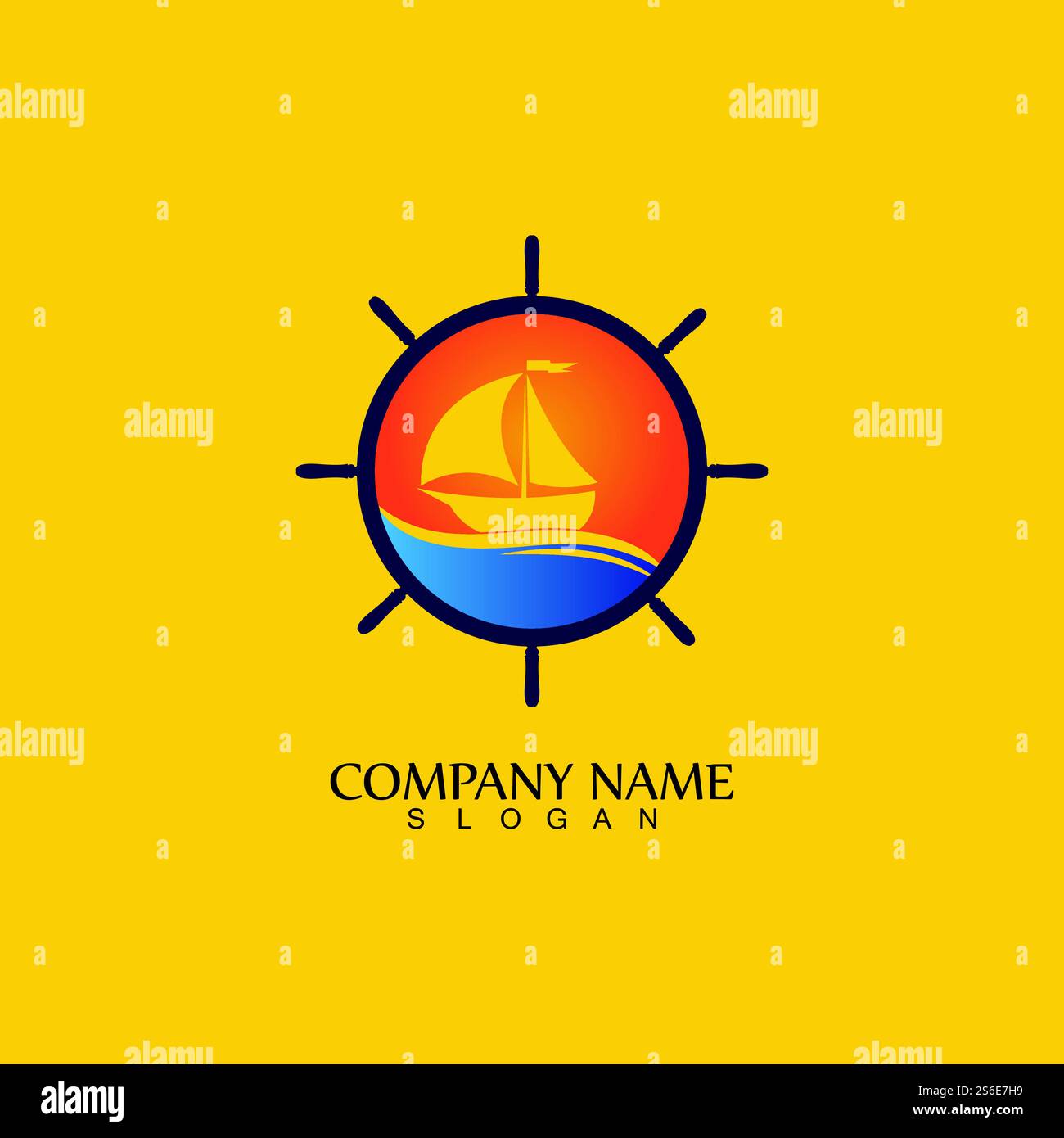 Ship and Boat Helm Steering Wheel on The Wave Water Ocean Logo Symbol ...