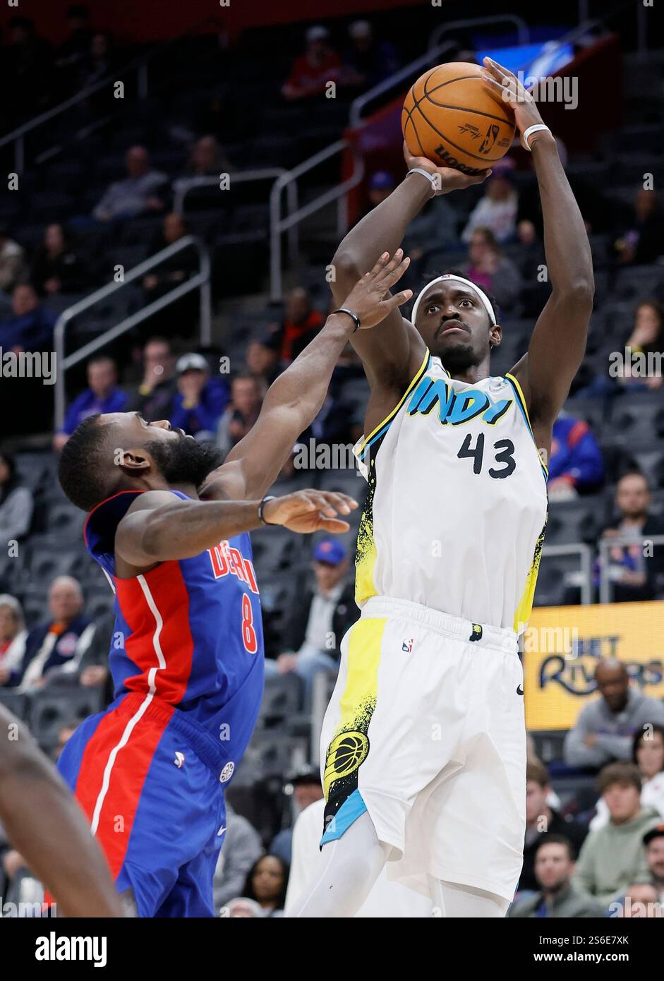 Indiana Pacers forward Pascal Siakam (43) takes a shot against Detroit ...