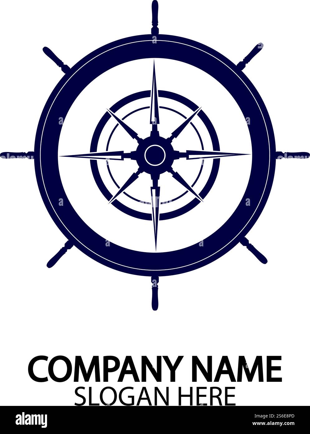 Ship steering wheel and conpass rose navigation symbol or logo isolated ...