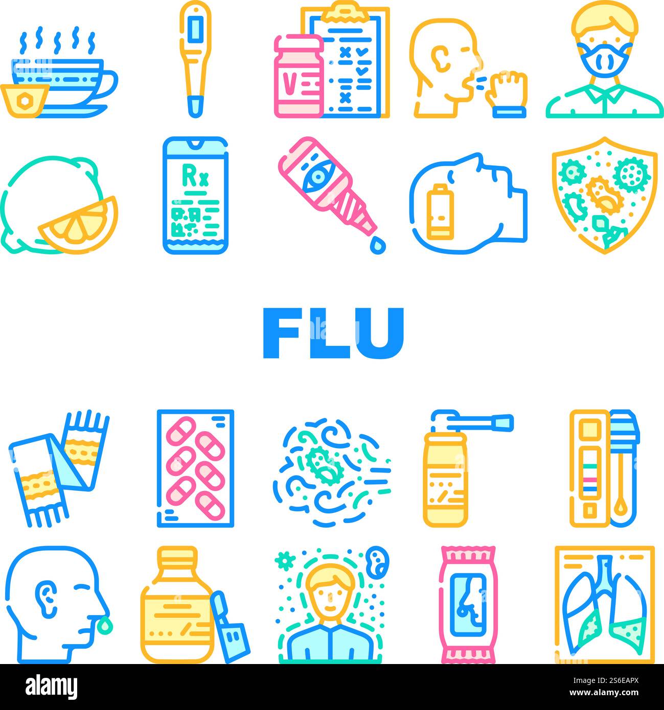 Flu Disease Treatment Collection Icons Set Vector. Flu Treat Vaccine ...