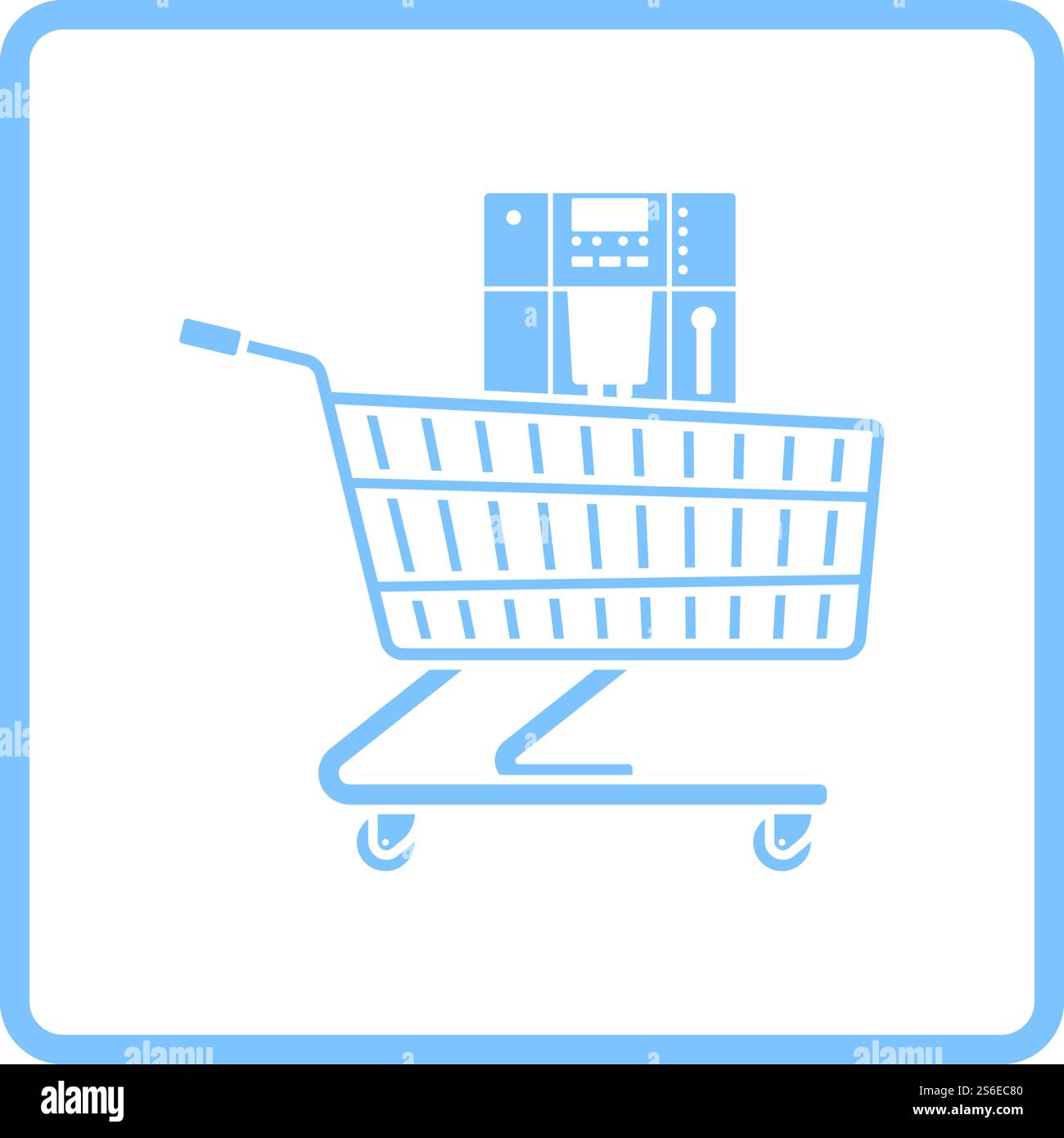 Shopping Cart With Cofee Machine Icon. Blue Frame Design. Vector ...