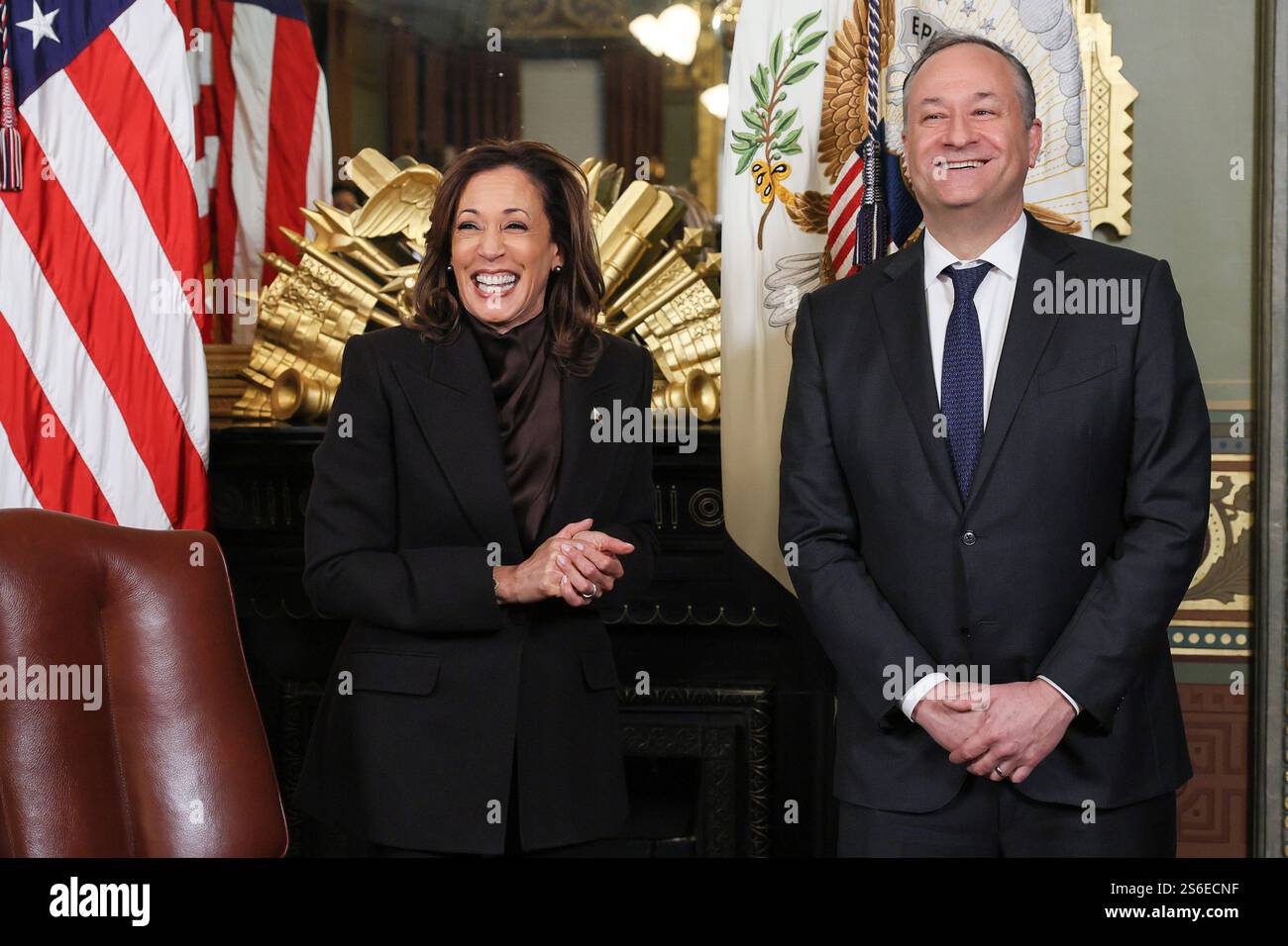 United States Vice President Kamala Harris addresses her staff and the ...