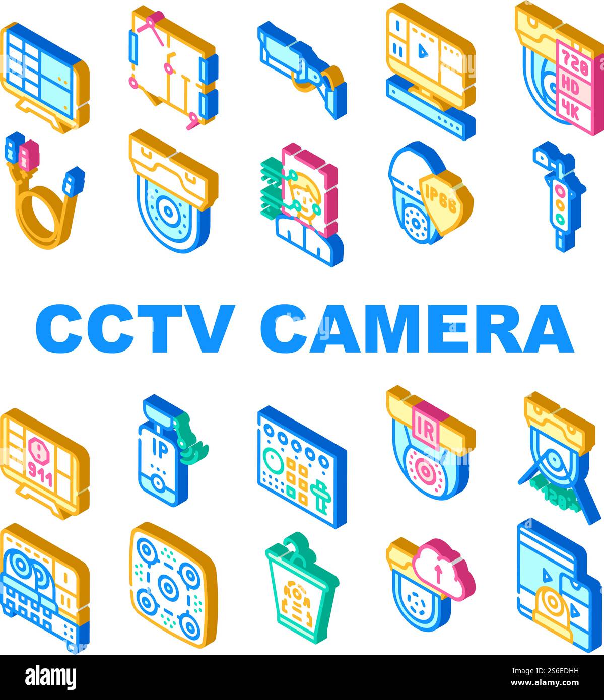 Cctv Camera Security Collection Icons Set Vector. Cctv Camera And Cable ...