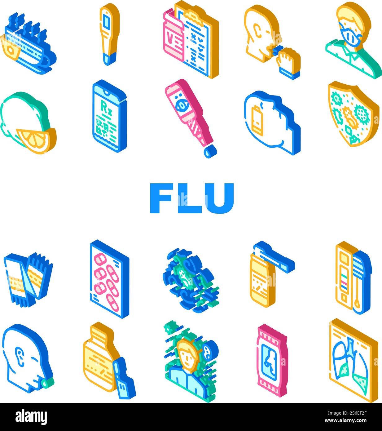 Flu Disease Treatment Collection Icons Set Vector. Flu Treat Vaccine ...