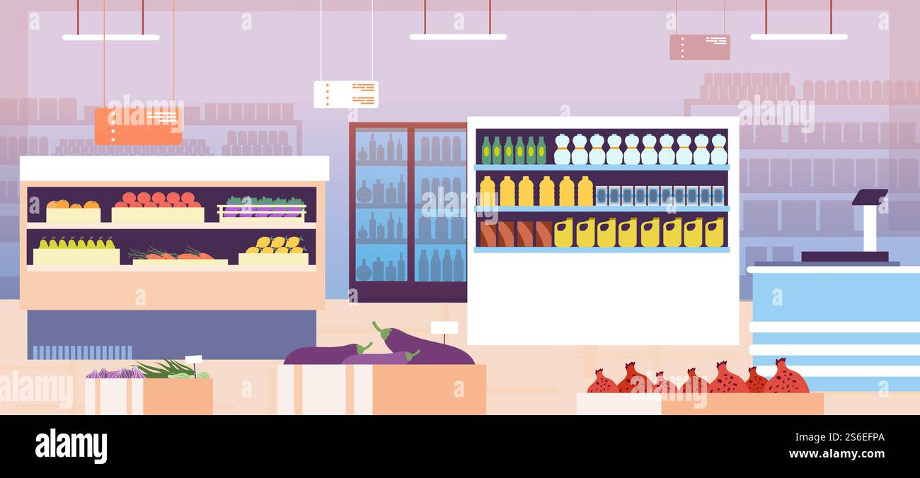 Supermarket interior. Empty shopping retail hall with food on shelves ...