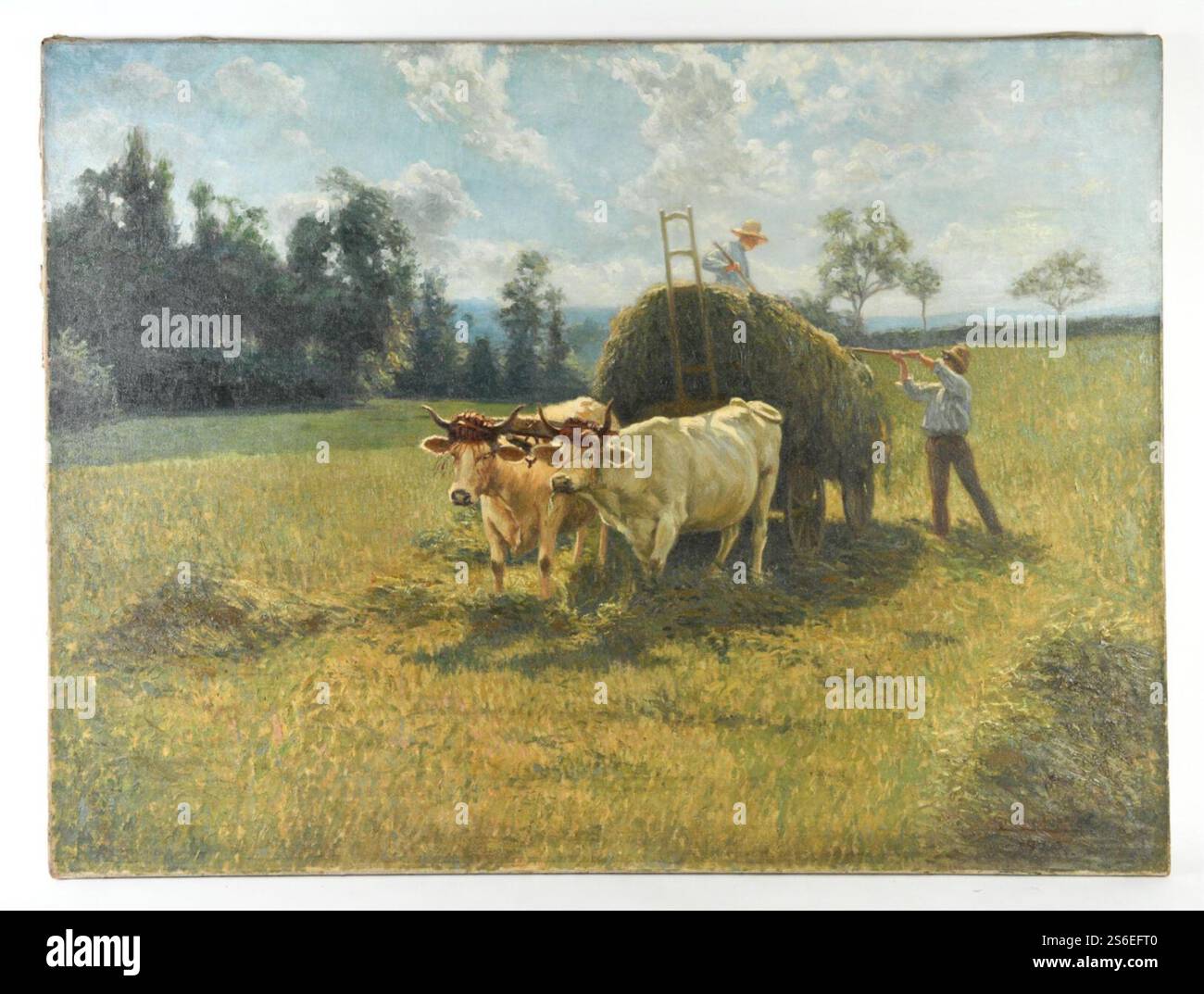 Georges Plasse - Harvest scene with hay cart and oxen, signed lower ...