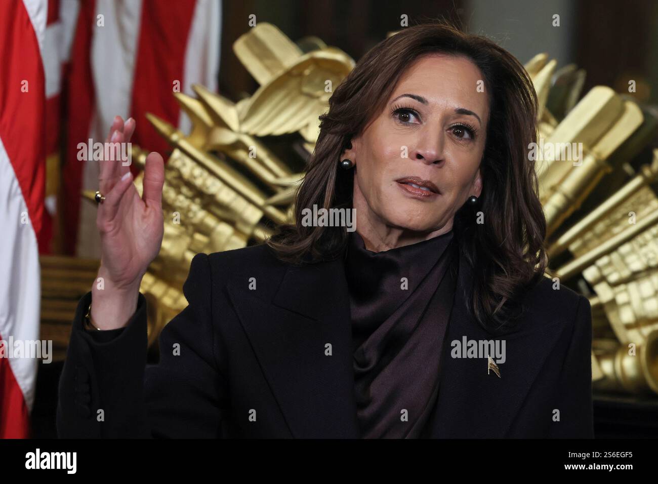 United States Vice President Kamala Harris addresses her staff and the ...