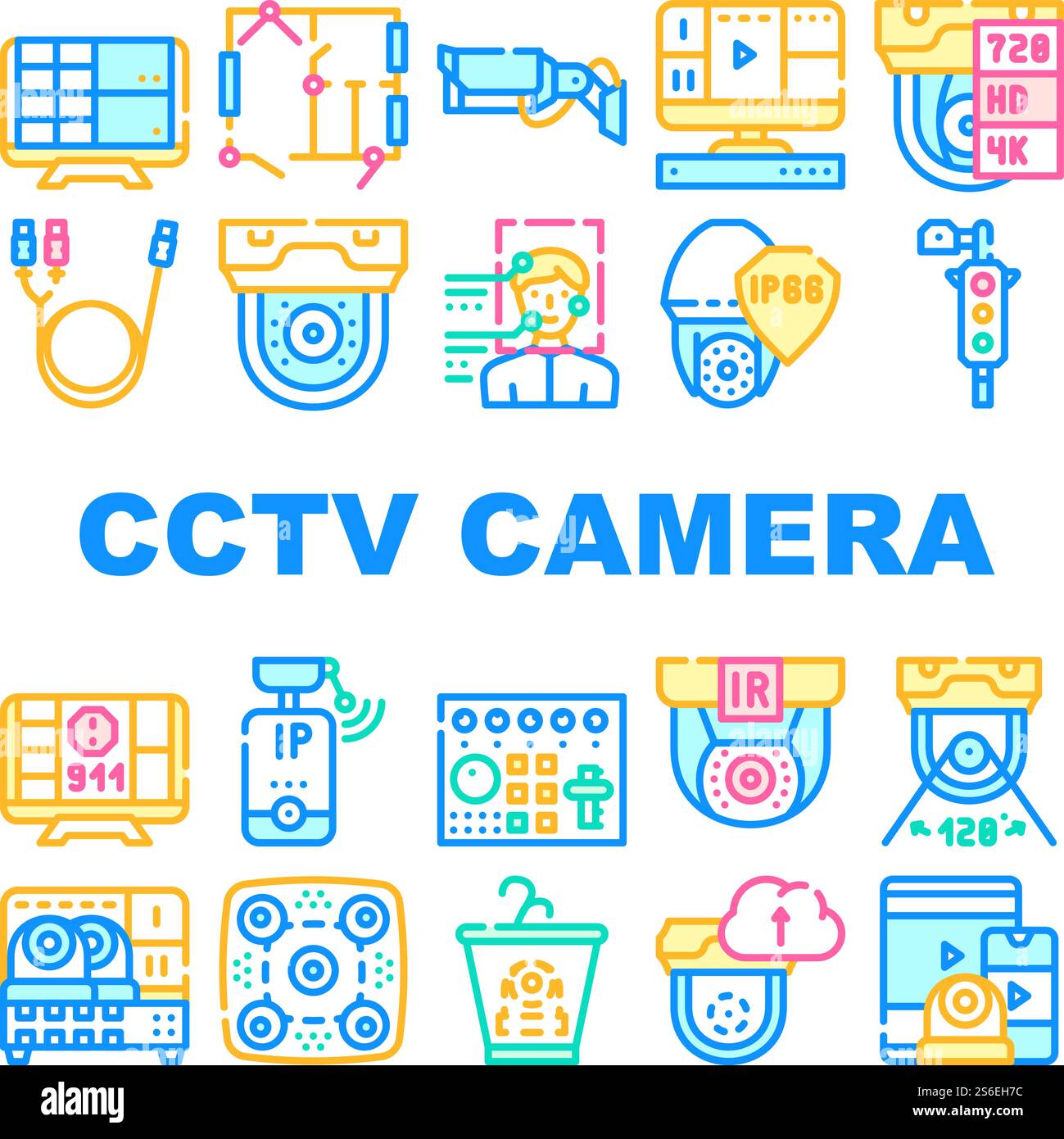 Cctv Camera Security Collection Icons Set Vector. Cctv Camera And Cable ...