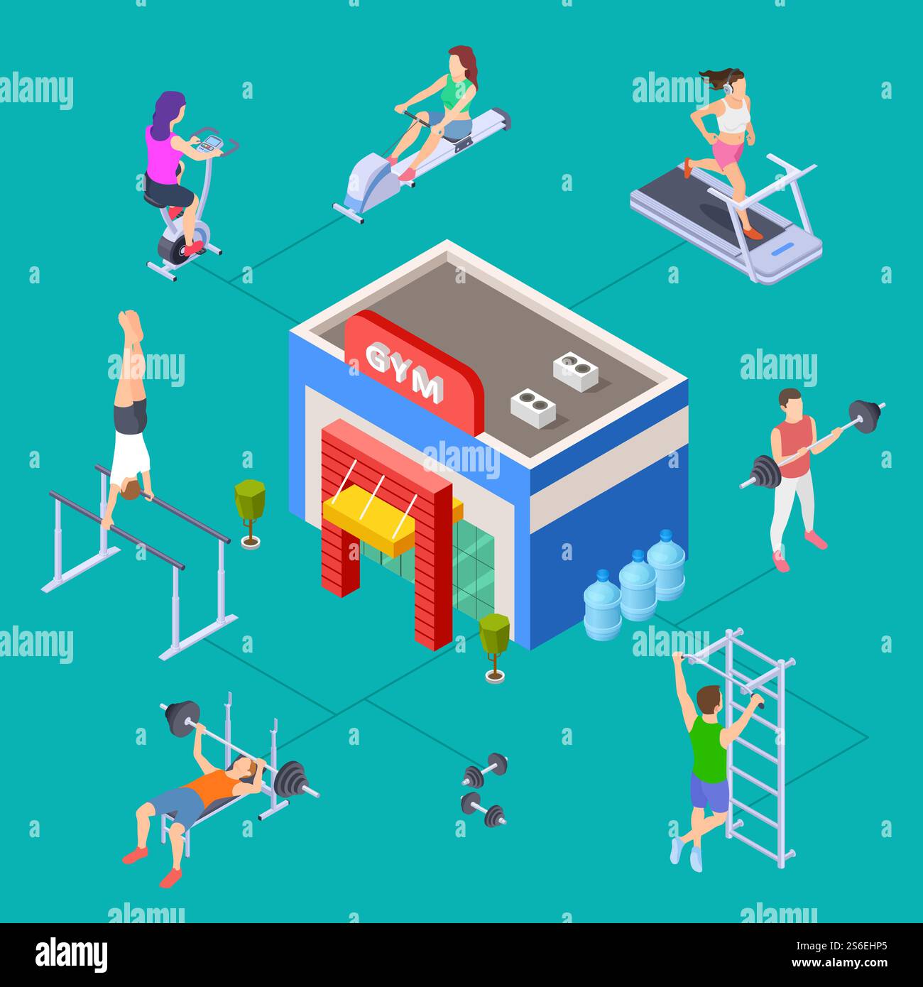 Isometric sport club concept. Vector gym building and fitness equipment ...