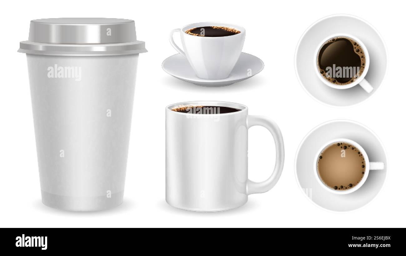 Realistic coffee cups. Top view mug cup take away coffee vector ...