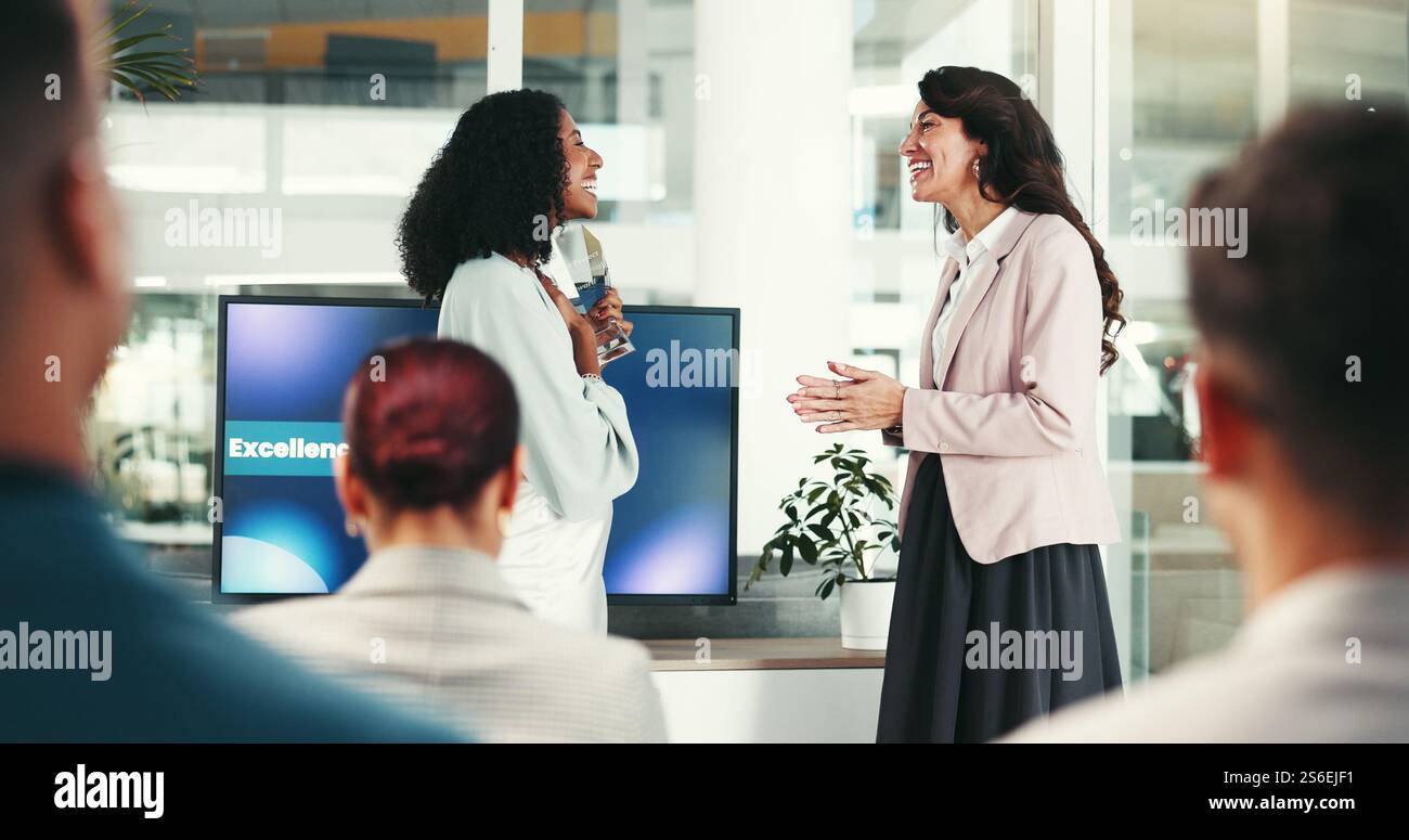 Office, award and business people in meeting for well done, achievement ...