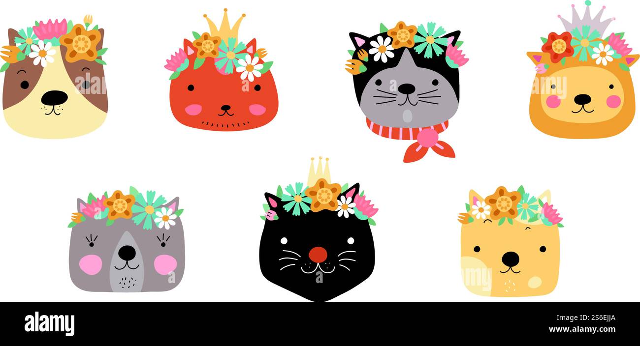 Cat heads with flower crown. Cute cats in floral wreath and princess ...