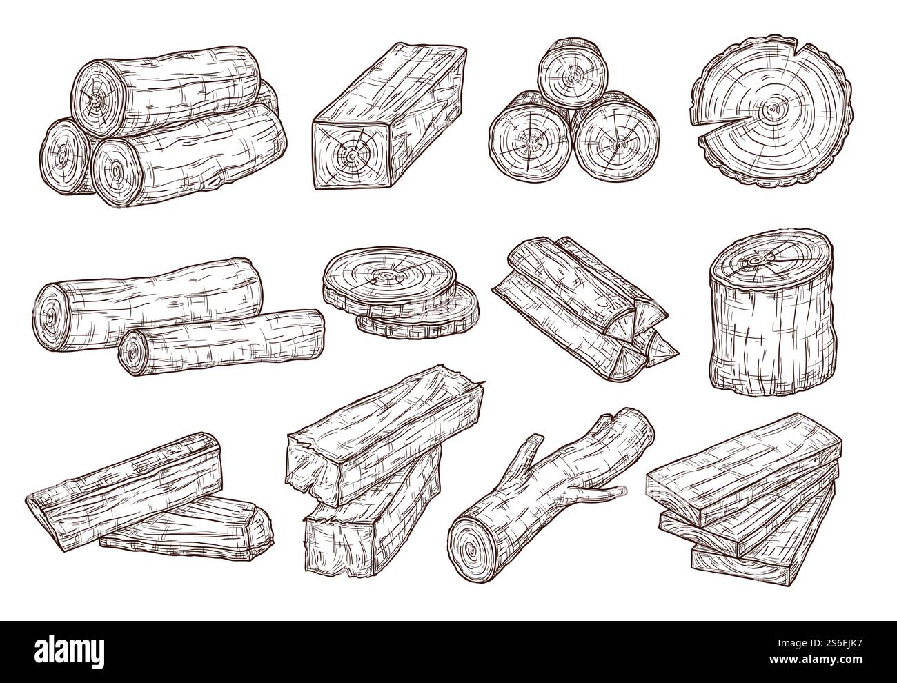 Sketch lumber. Wood logs, trunk and planks. Forestry construction ...