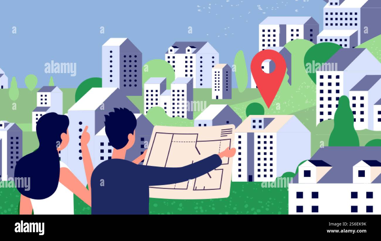 Property selection. Couple watching house plan. Vector characters ...