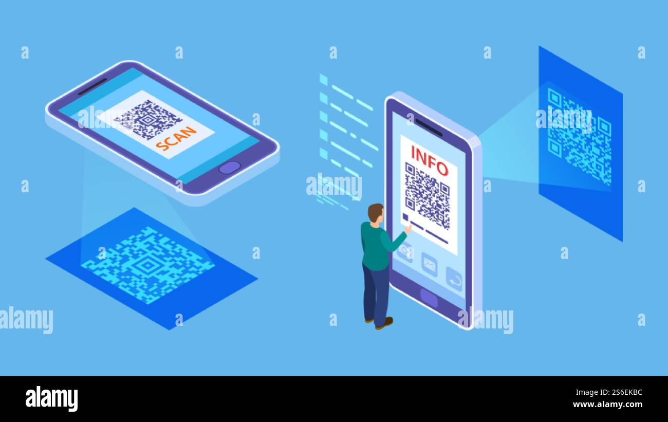 Qr Code Verification Isometric Barcode Mobile Scanning Customer Makes Paying With Phone