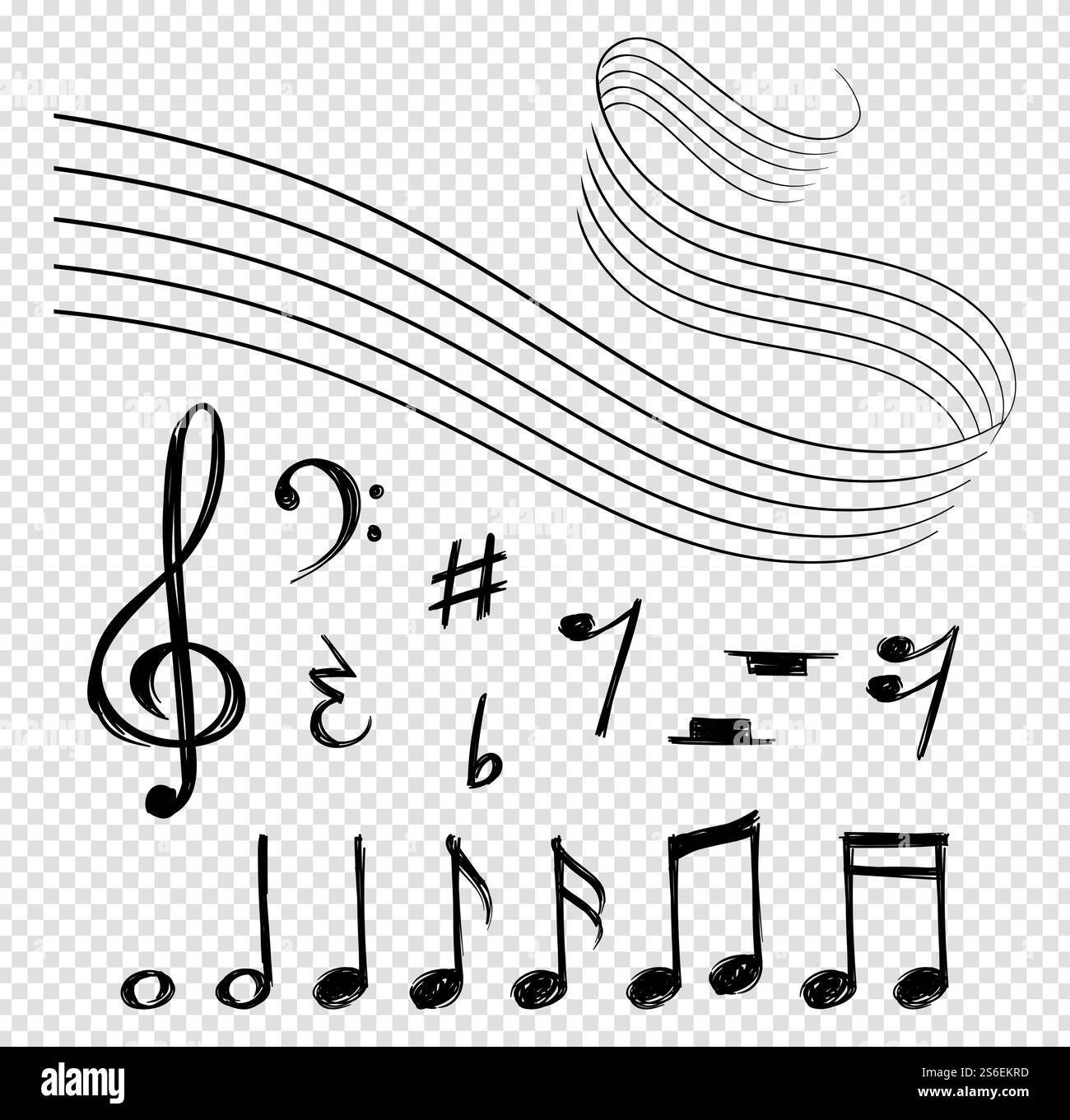 Musical notes. Black music lines, melody elements and staves. Shape ...