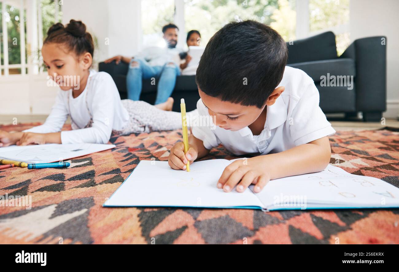 Children, siblings and coloring homework in home, creative education ...