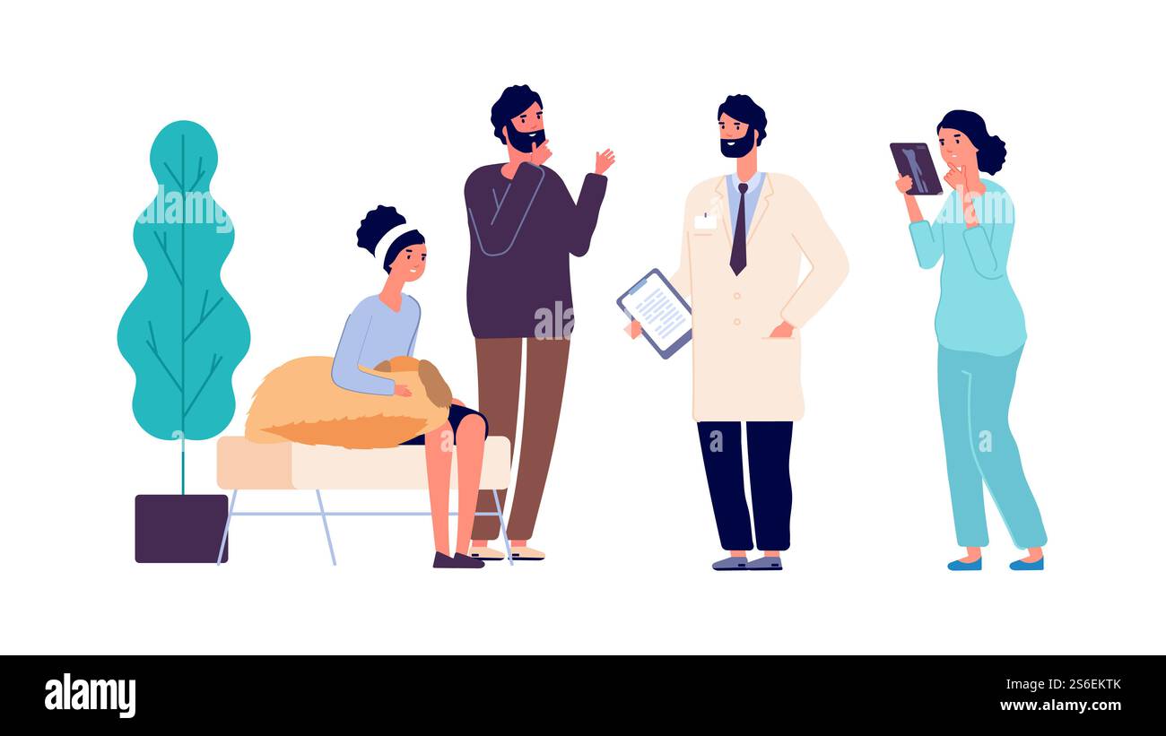 Veterinarian consultation. Vet clinic doctors help people with dog ...