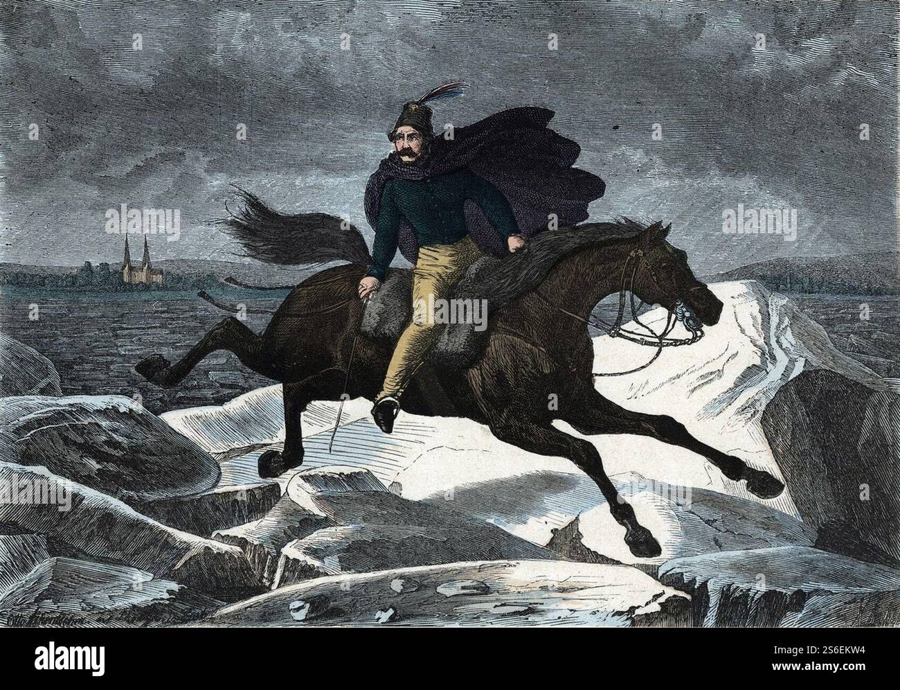 German School - The tale Sandor on his horse Tartar galloping on the ...