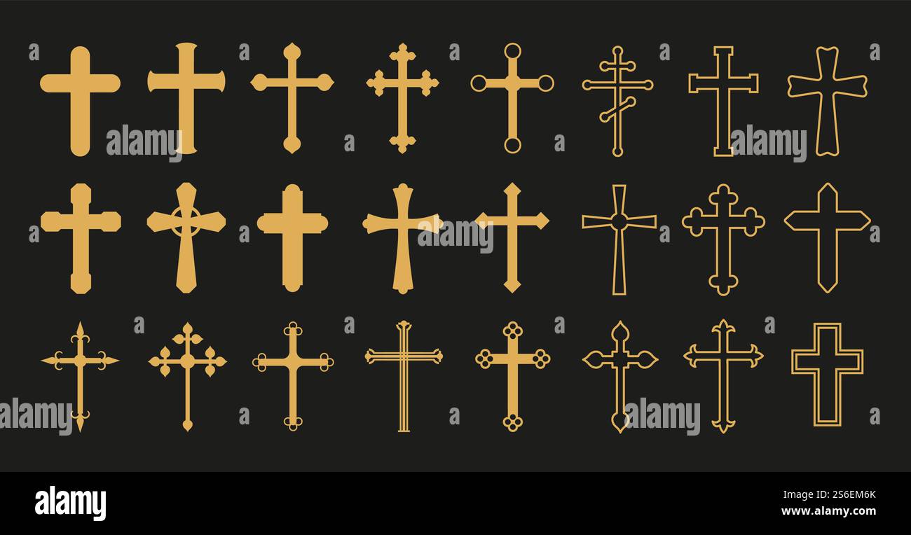 Christian cross. Gold crosses, simple decorative crucifix. Catholicism ...