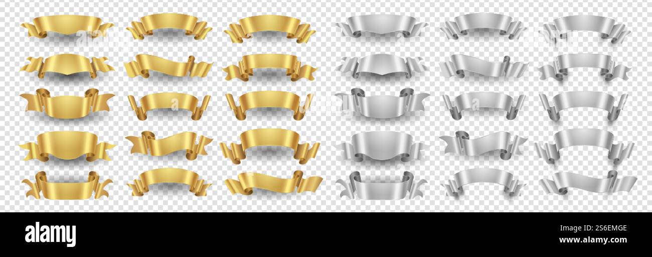 Ribbon banners. Gold silver ribbons vector set. Metallic banners ...