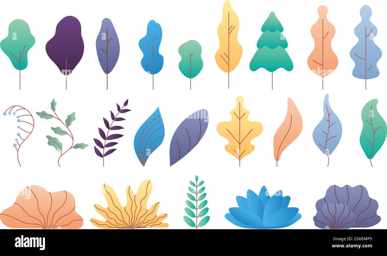 Flat minimal leaves. Simple deciduous and coniferous trees, branches ...