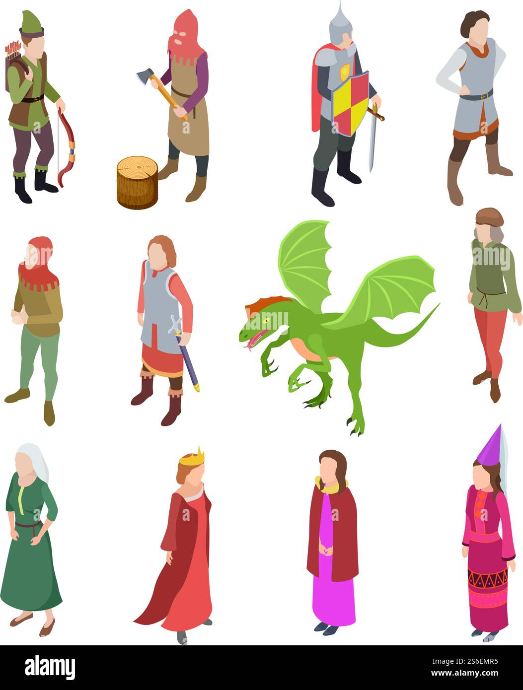 Medieval isometric characters. Knight dragon man royal ancient priest ...