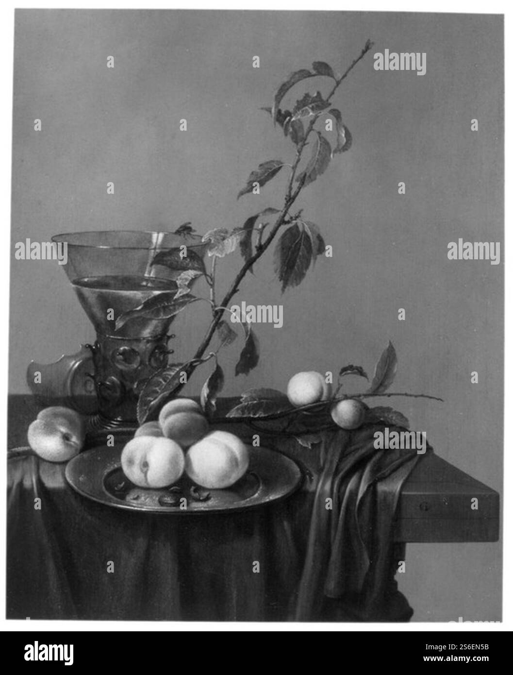 Gerrit van Vucht - Stilleven met perziken op bord, roemer en bloesemtak op tafel met kleed Stock ...