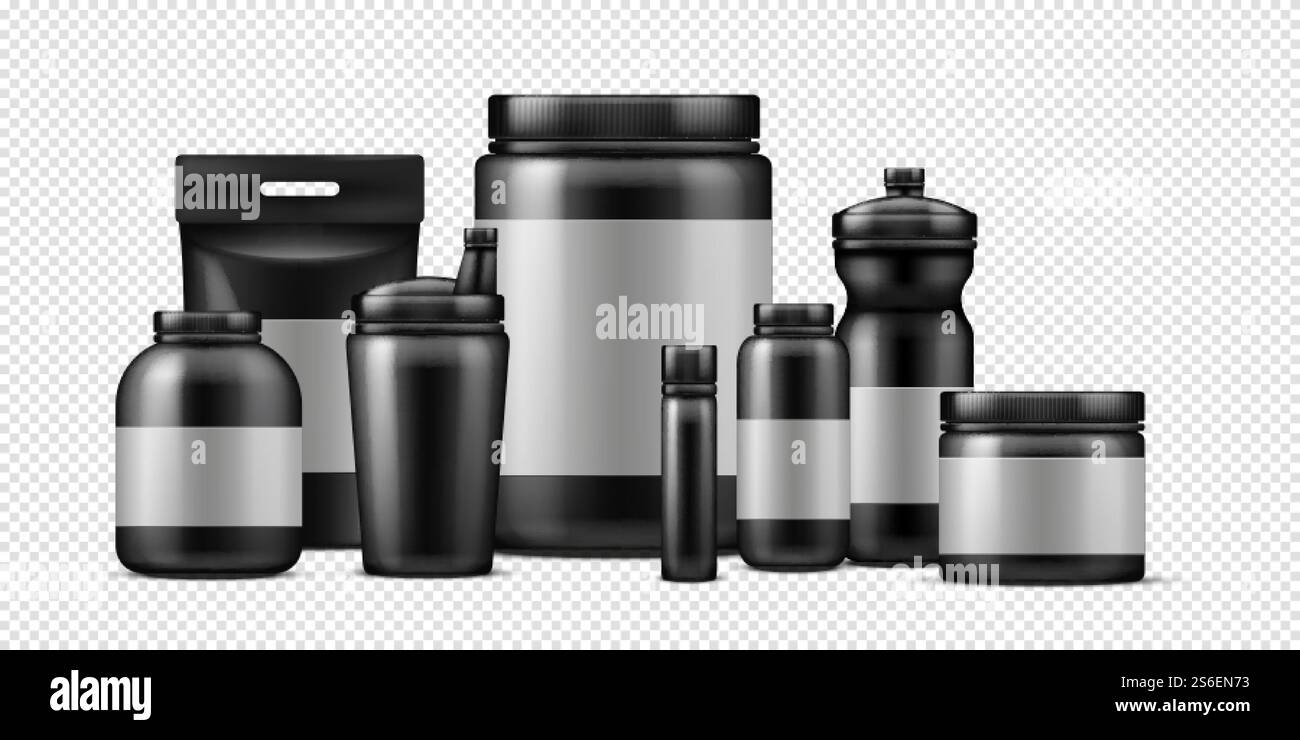 Sport food containers. Vector protein powder container and plastic ...