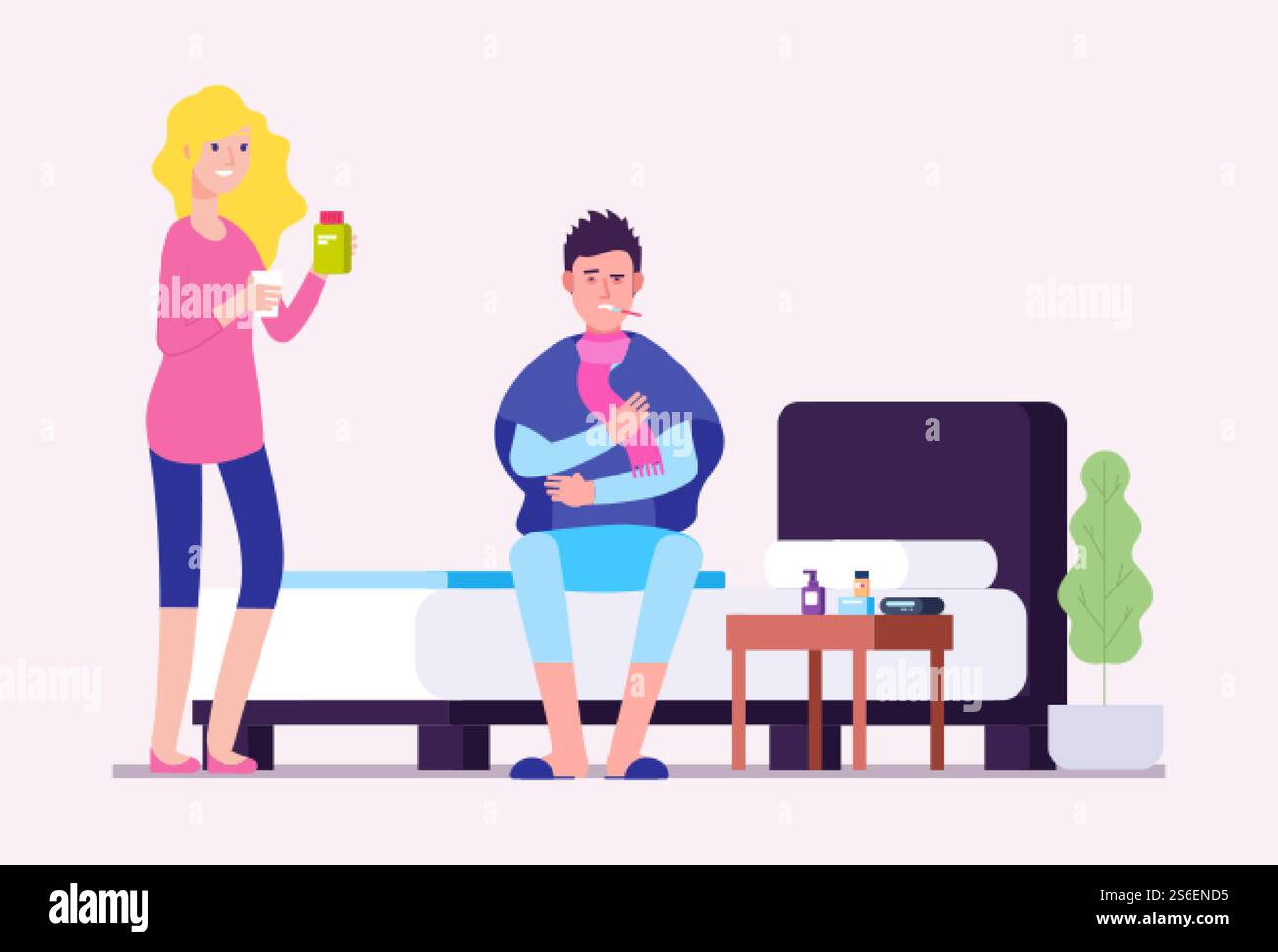 Sick man. Flu infection, cold male and woman with treatment. Ill person ...
