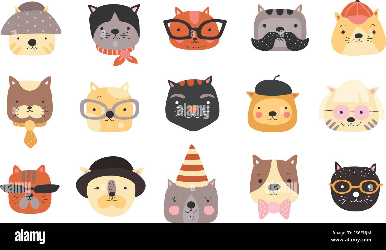Cat heads. Cute cats muzzles with accessories, glasses and hats, bow ...