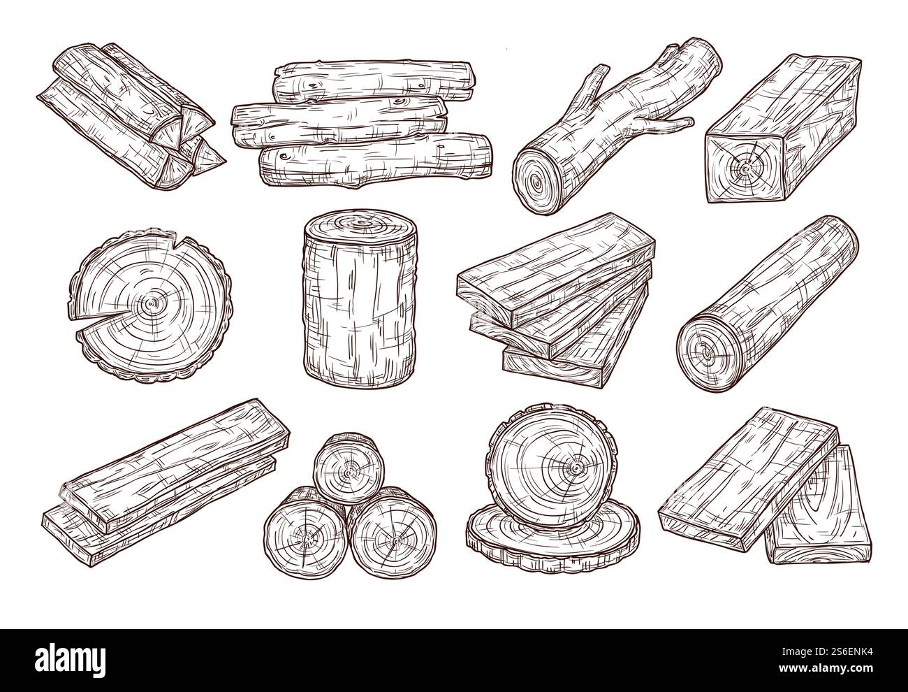 Hand drawn lumber. Sketch wood logs, trunk and planks. Stacked tree ...