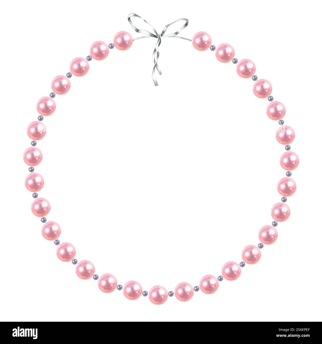 Pink pearl circle frame with bow. Hand drawn watercolor illustration of ...