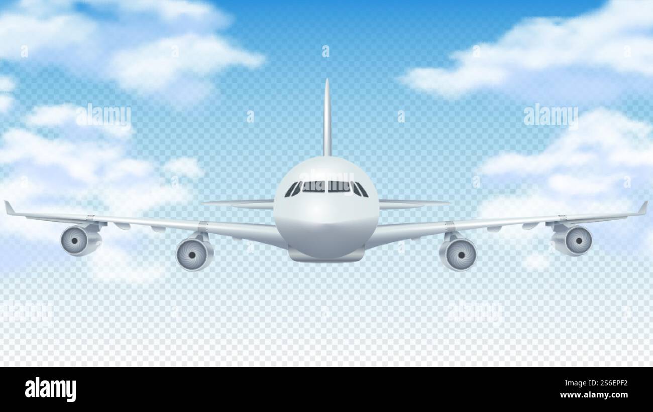 Flight plane. Realistic 3D airplane flying in blue sky. White cargo ...