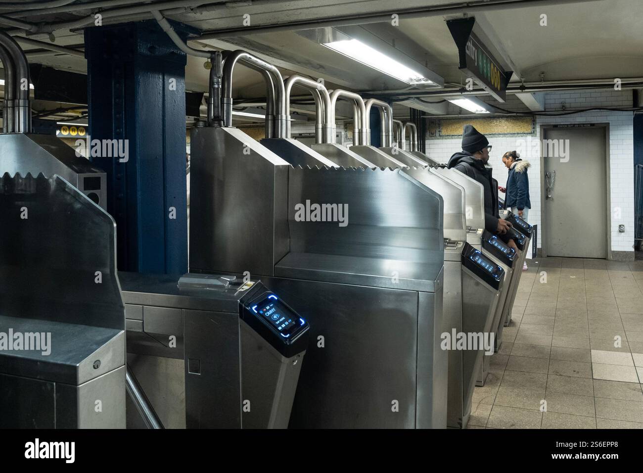 New York, USA. 16th Jan, 2025. Turnstile 'fins' or spikeys samples installed on 'green line ...