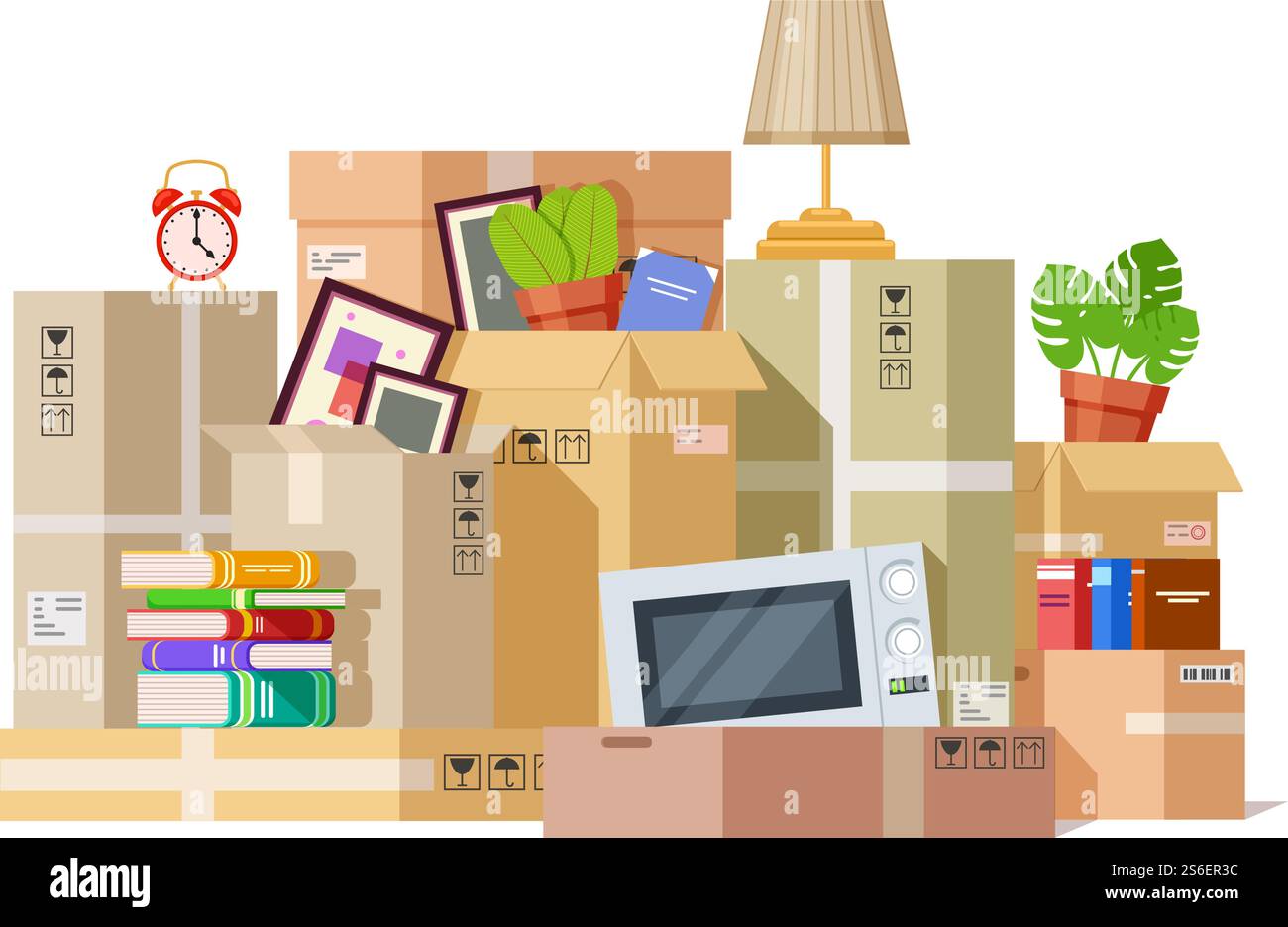 Moving boxes. Carton box packing family stuff. Cardboard parcels ...