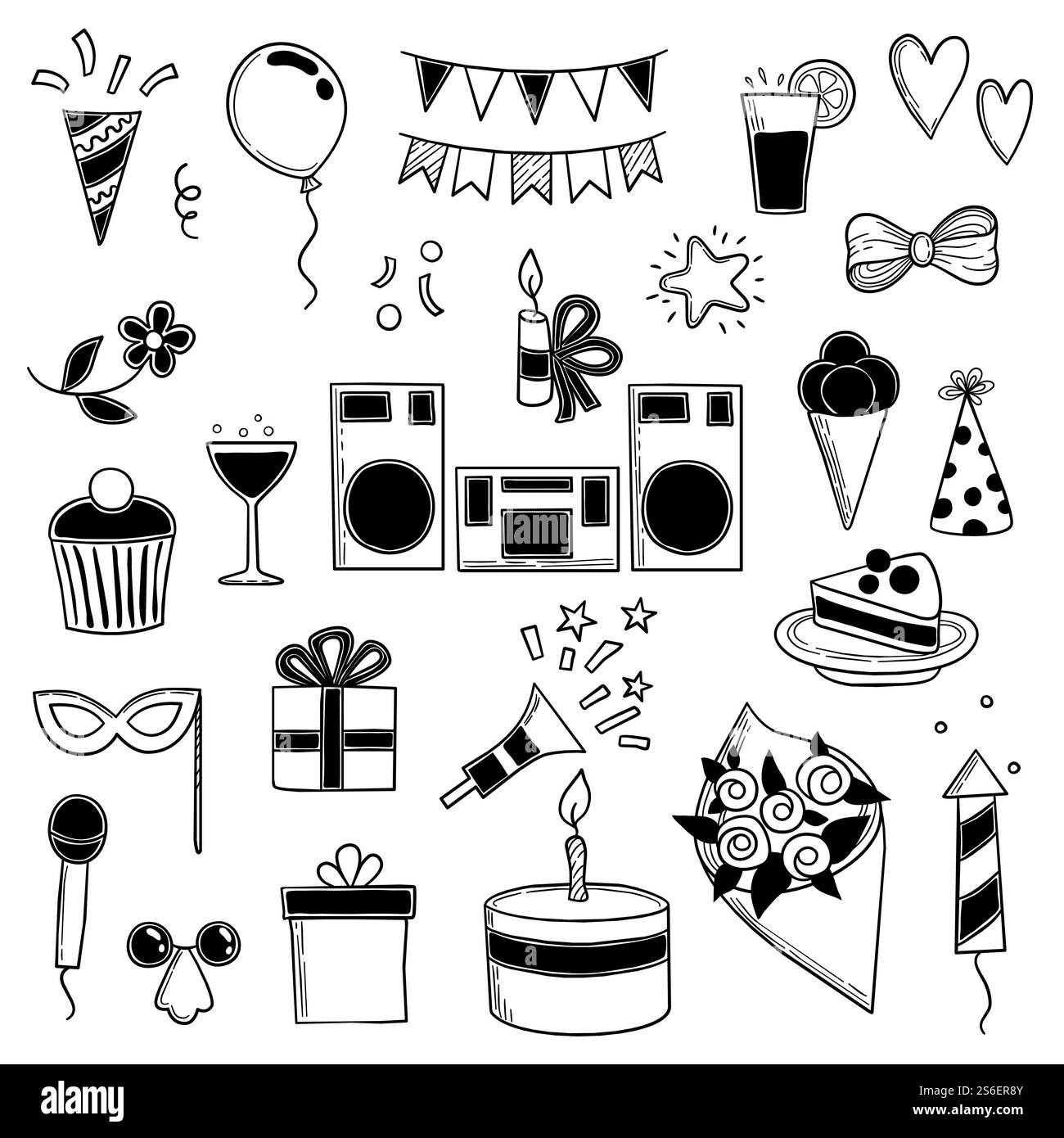 Party icons. Funny birthday disco music party symbols sweets cakes and ...