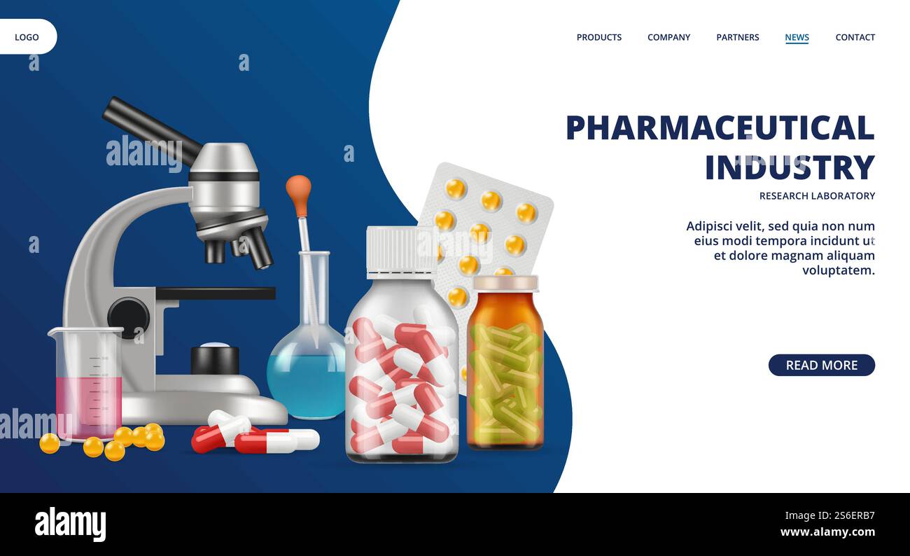 Pharmaceutical industry landing page. Medicine, research laboratory ...